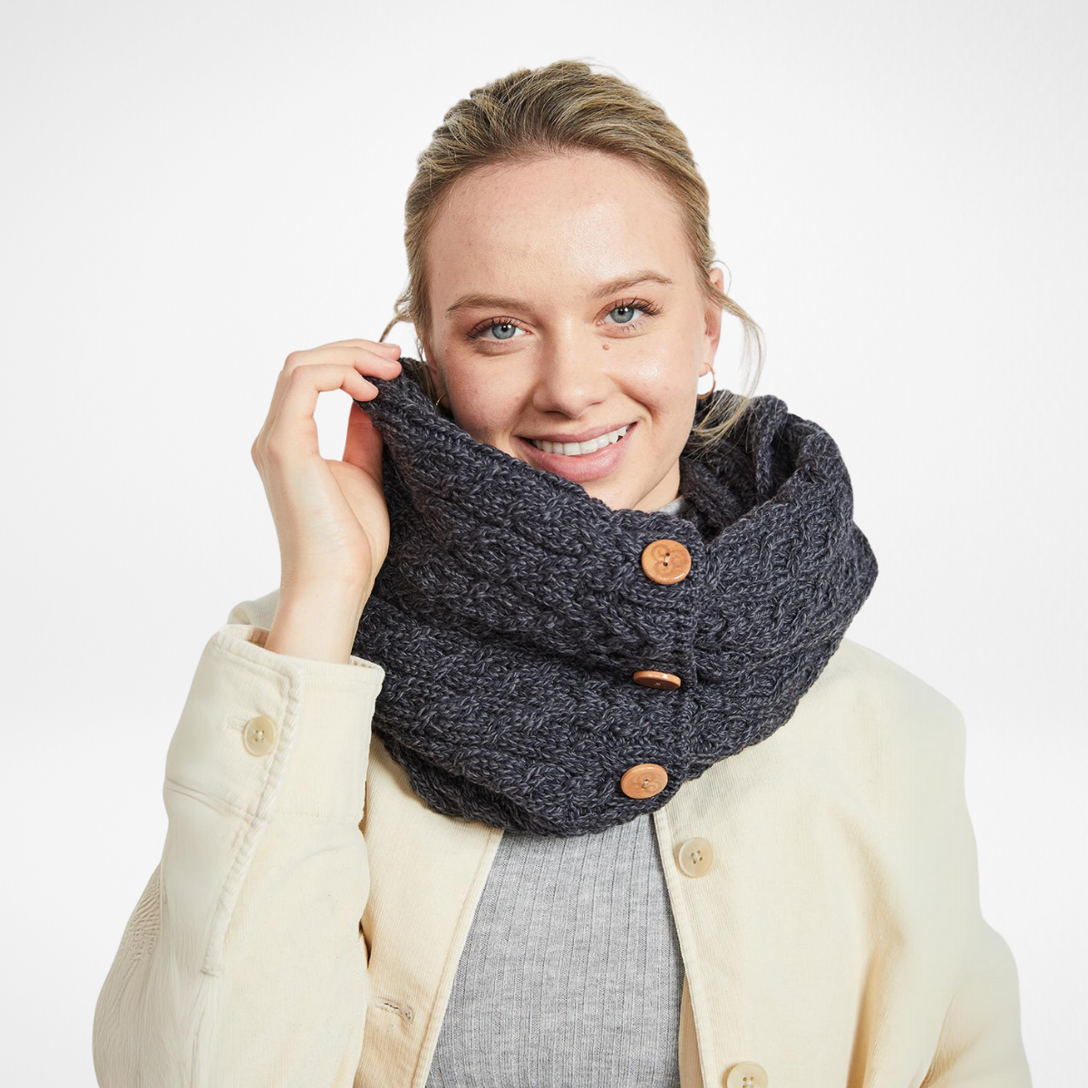 Kilmaine Aran Charcoal Snood Scarf with Buttons