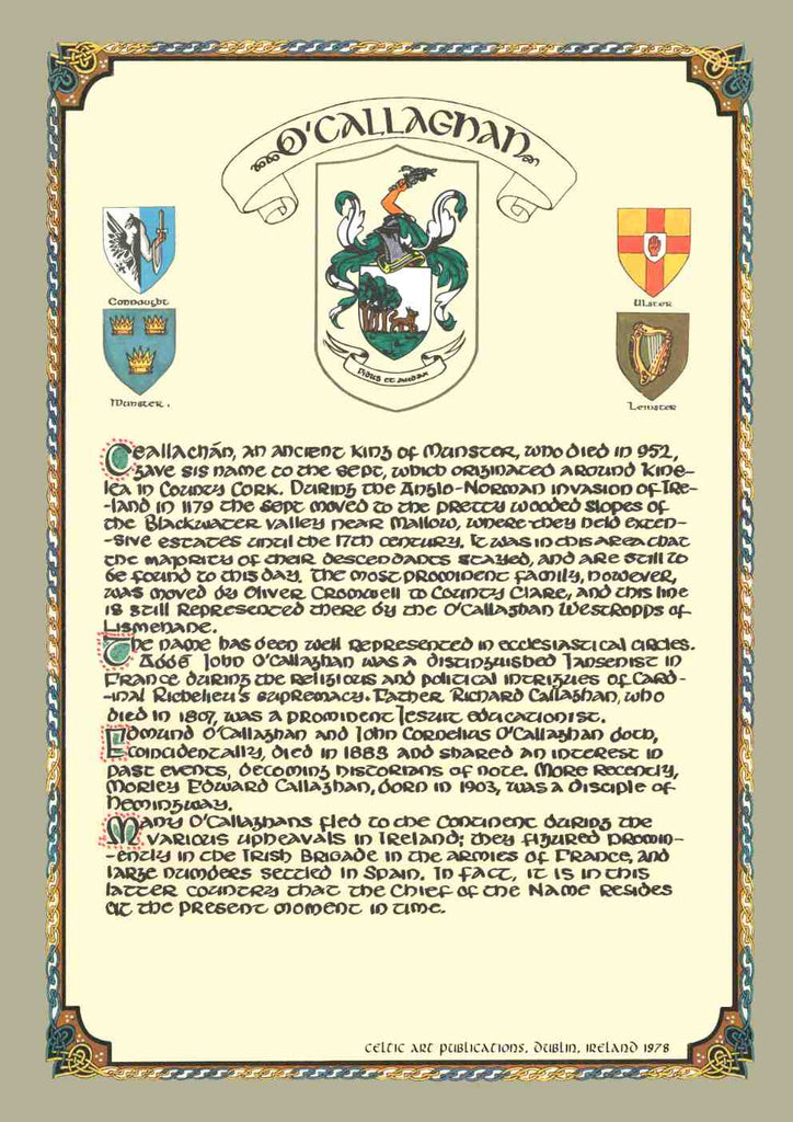 O'Callaghan Family Crest Parchment | Gifts of Ireland